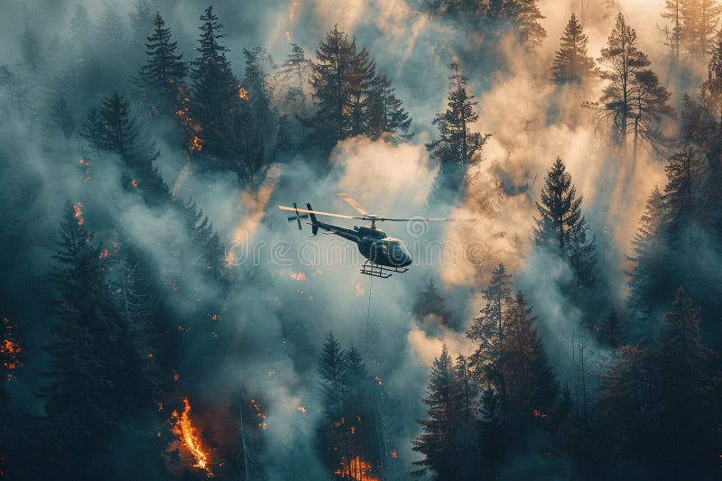 A Firefighting Helicopter Drops Water on a Forest Fire. Natural ...