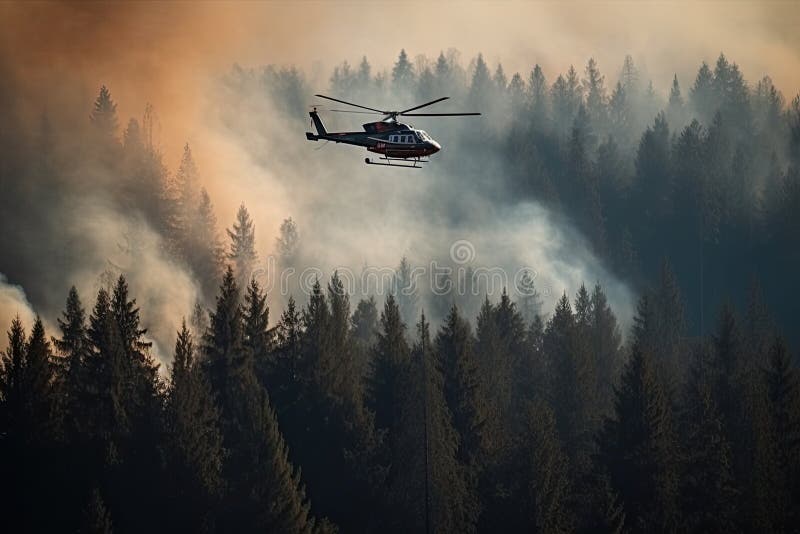 A Firefighting Helicopter is Seen Flying Over a Raging Forest Fire ...