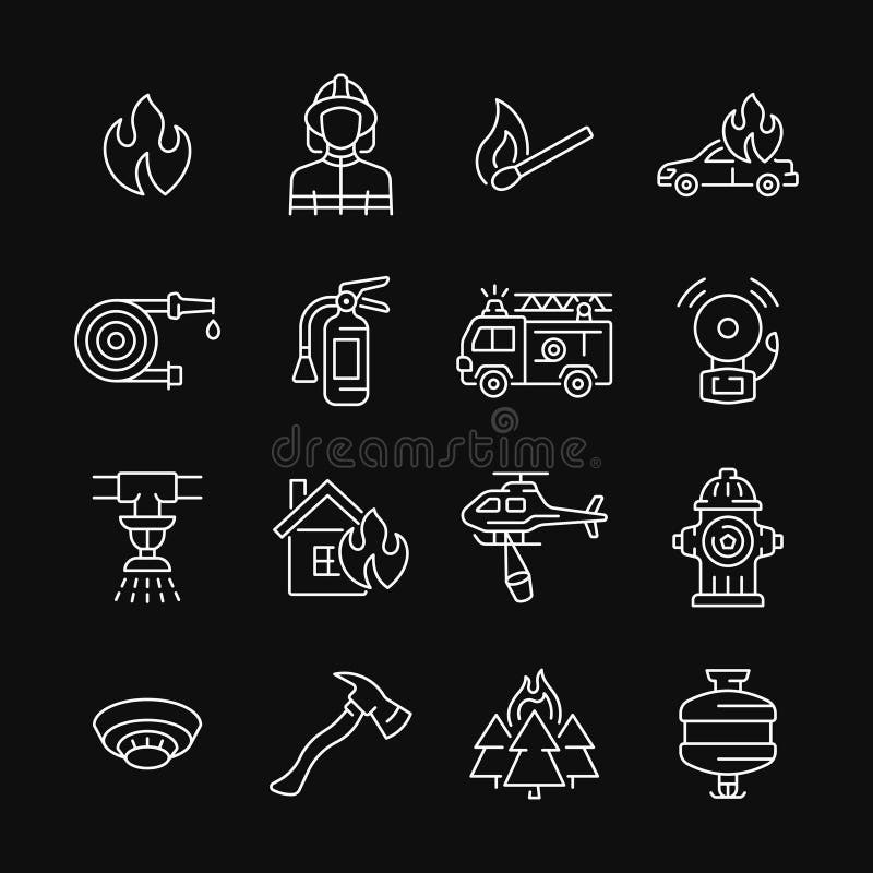 Firefighting Line Vector White Icon Set. Fire Department Symbol with ...