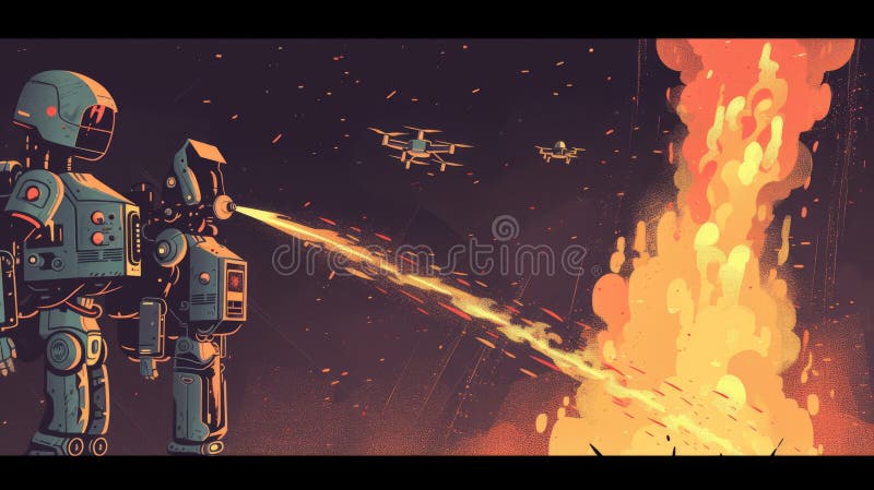 Firefighting Robots and Drones Combating Massive Flames Stock Photo ...