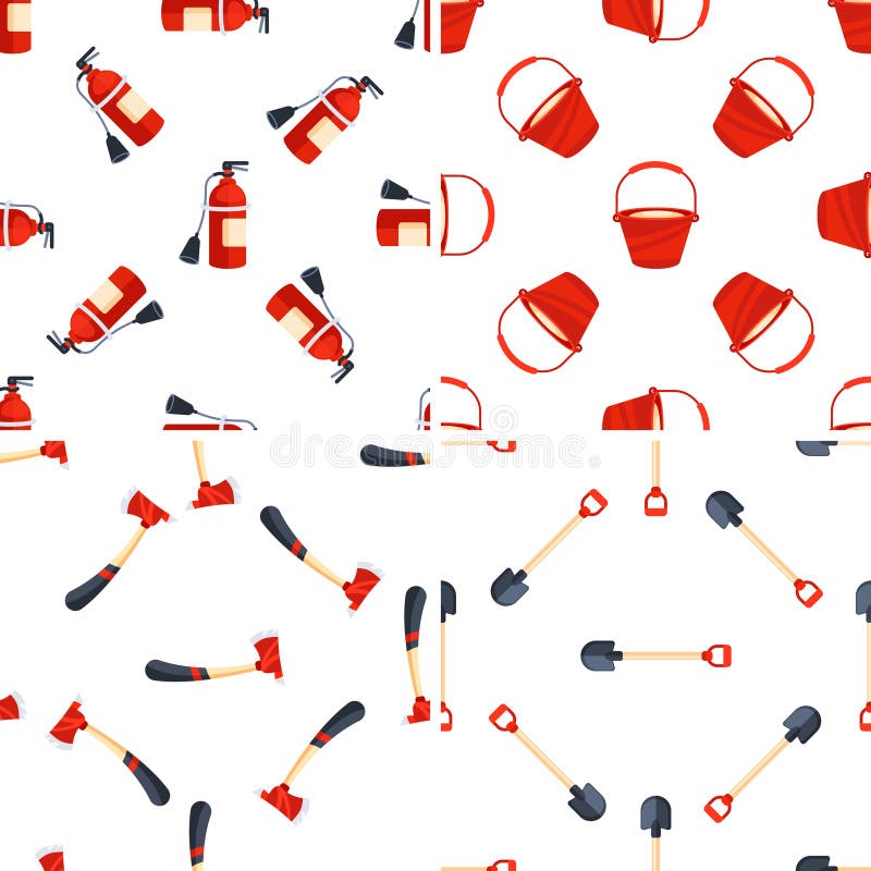 Firefighting Tools Seamless Pattern Showing Fire Extinguishers, Buckets ...