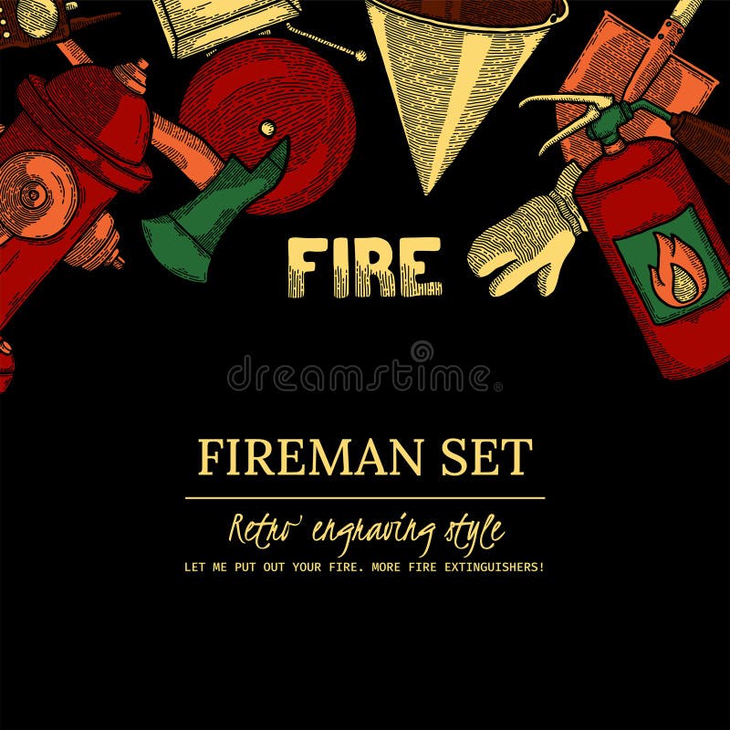 Firefighting Vintage Elements Set of Fireman Tools Vector Illustration ...