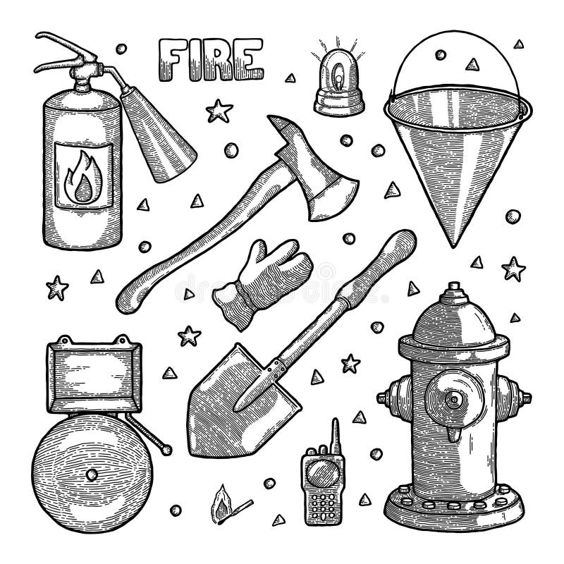 Firefighting Vintage Elements Set of Fireman Tools Vector Illustration ...