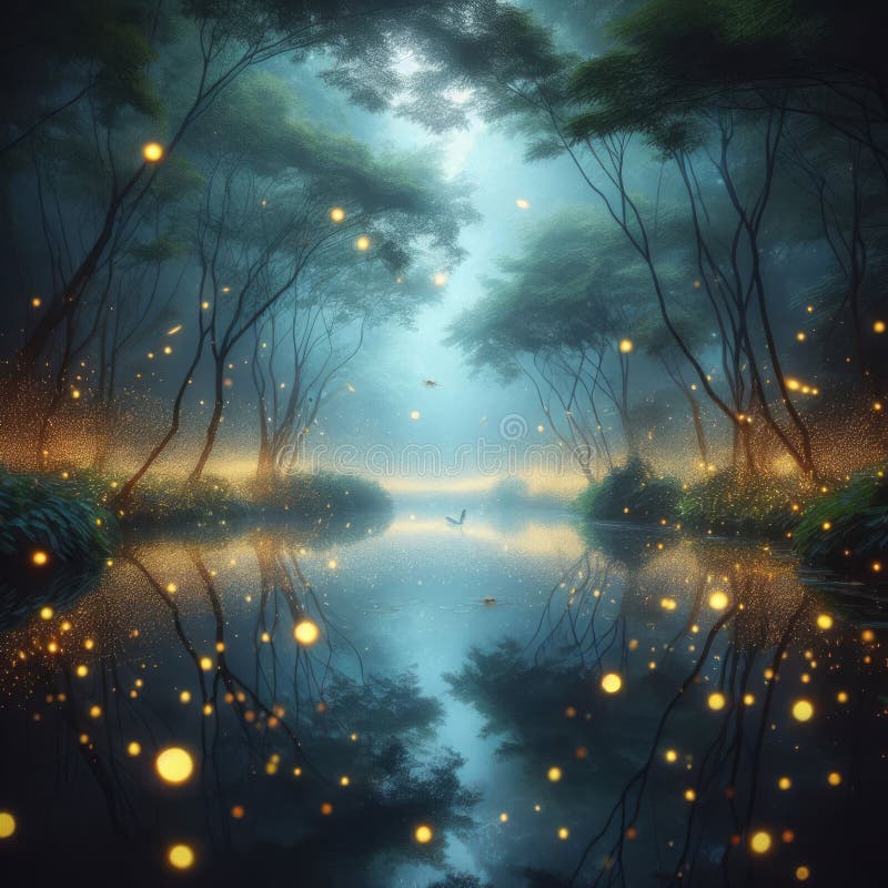 Fireflies Buzz Around a Moonlit Pond Stock Illustration - Illustration ...