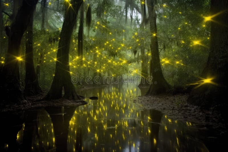 Fireflies Creating Light Patterns among Swamp Trees Stock Illustration ...