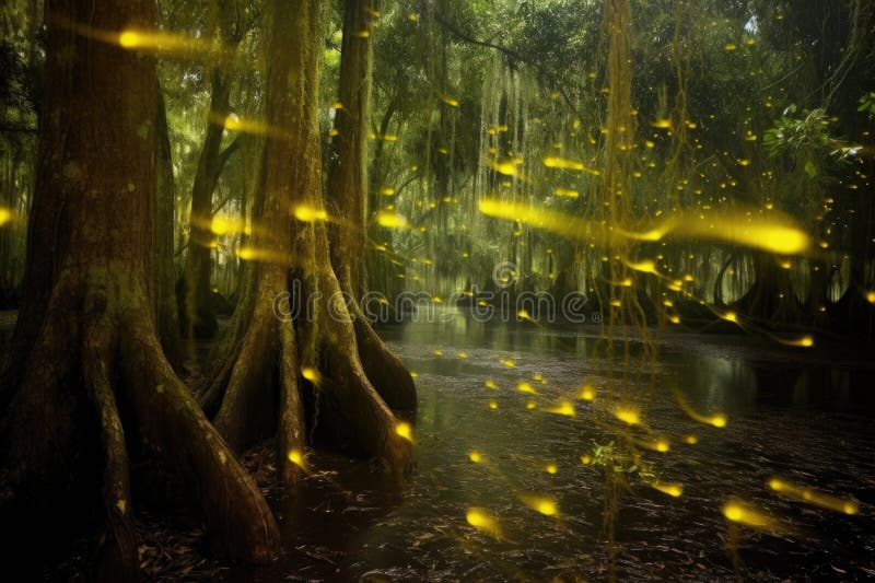 Fireflies Creating Light Patterns among Swamp Trees Stock Illustration - Illustration of ...