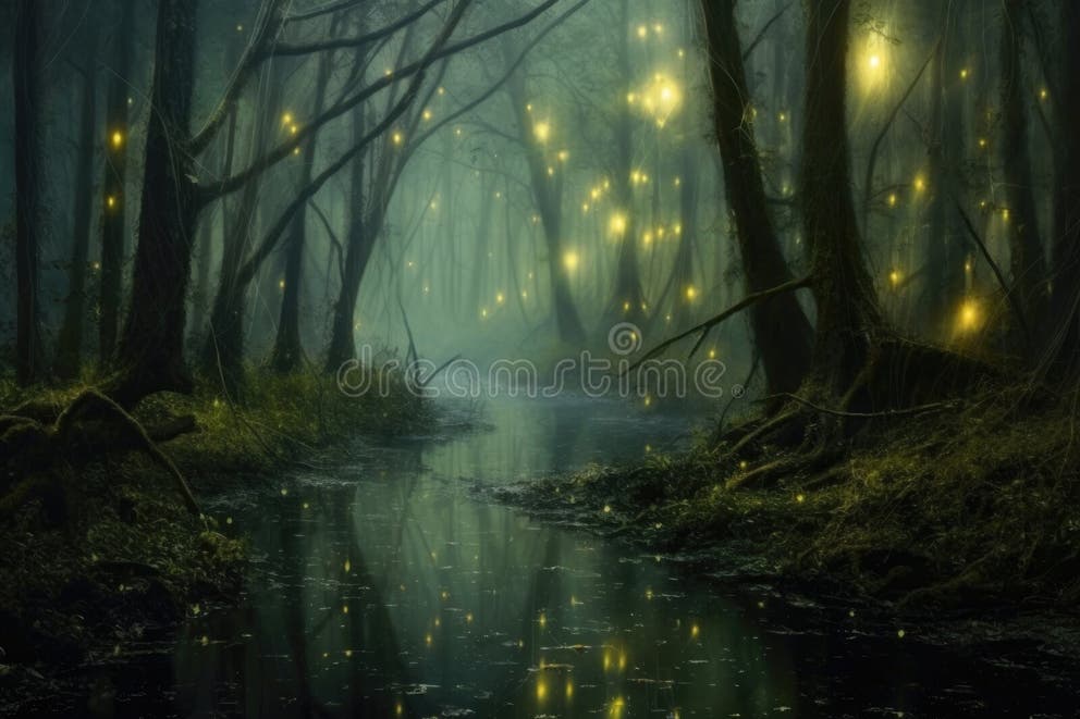 Fireflies Creating a Path of Light through the Misty Swamp Stock ...