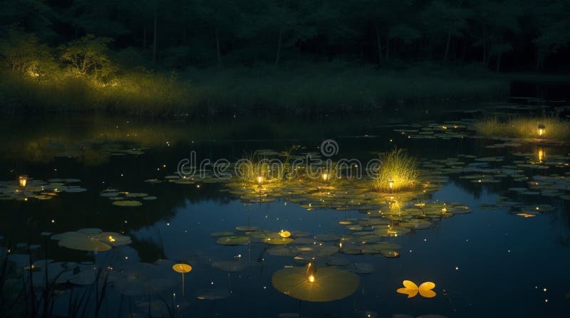 Fireflies Creating Patterns in the Air Above a Tranquil Pond. Stock ...