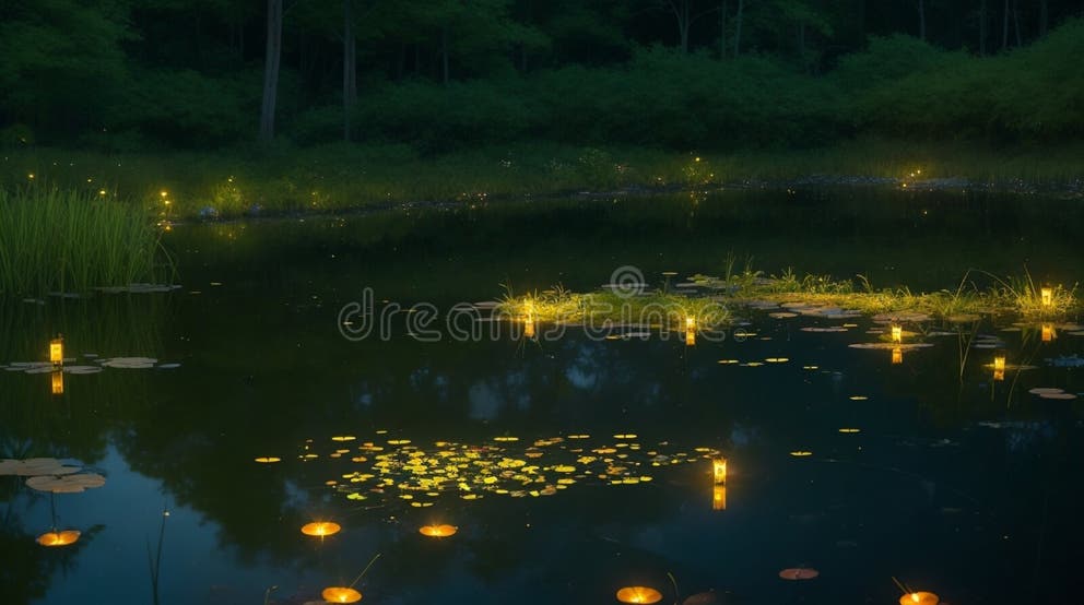 Fireflies Creating Patterns in the Air Above a Tranquil Pond Stock ...
