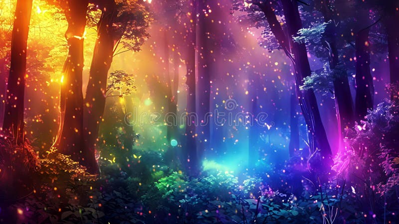 The Fireflies Danced through the Radiant Rainbow Mist Their Glow Adding ...