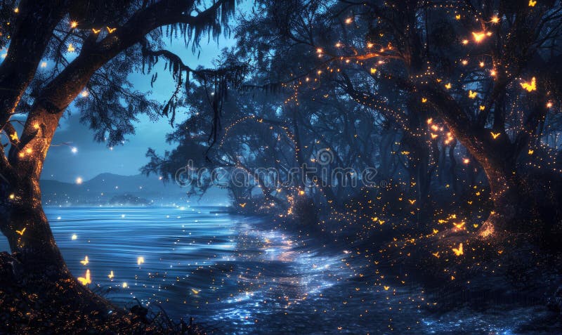Fireflies Dancing among the Trees while Fireflies Glow Underwater Stock ...