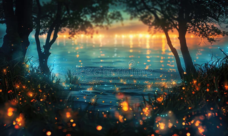 Fireflies Dancing among the Trees while Fireflies Glow Underwater Stock ...