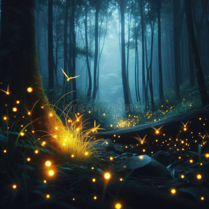 Fireflies in a Dark Magical Forest. Stock Image - Image of wildlife ...