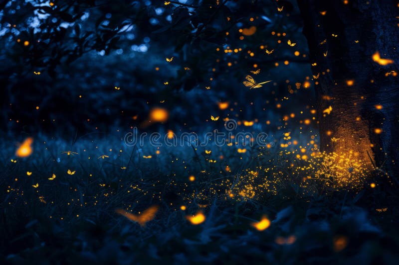 Fireflies Flying in Night Forest Stock Photo - Image of field, insect ...