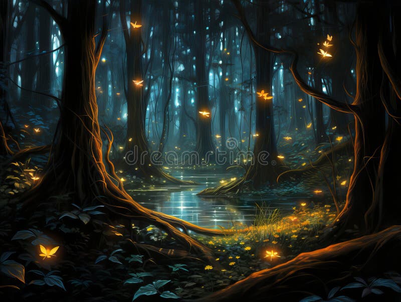 Fireflies in the forest stock image. Image of firefly - 289926493