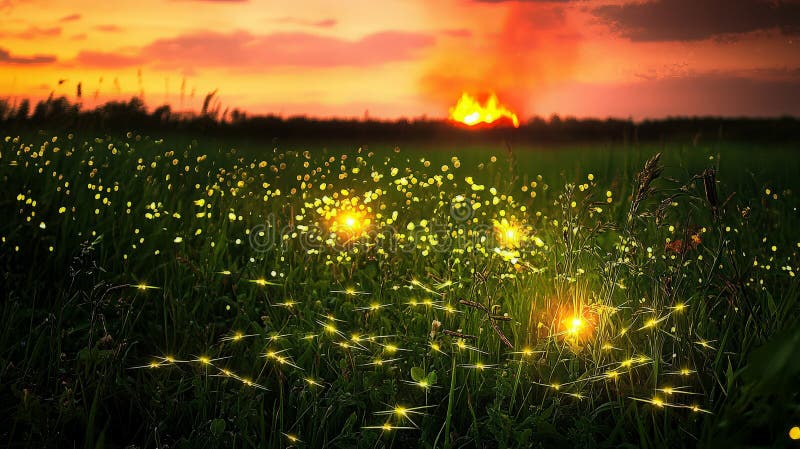 Fireflies Glowing in a Field at Sunset Stock Image - Image of insect ...