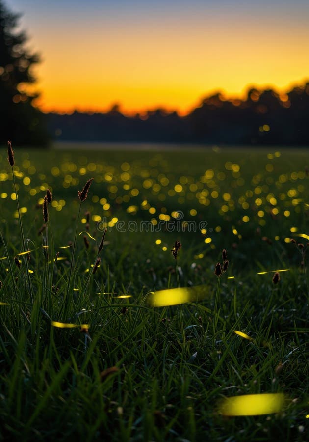 Fireflies Glowing in a Field at Sunset Stock Illustration ...