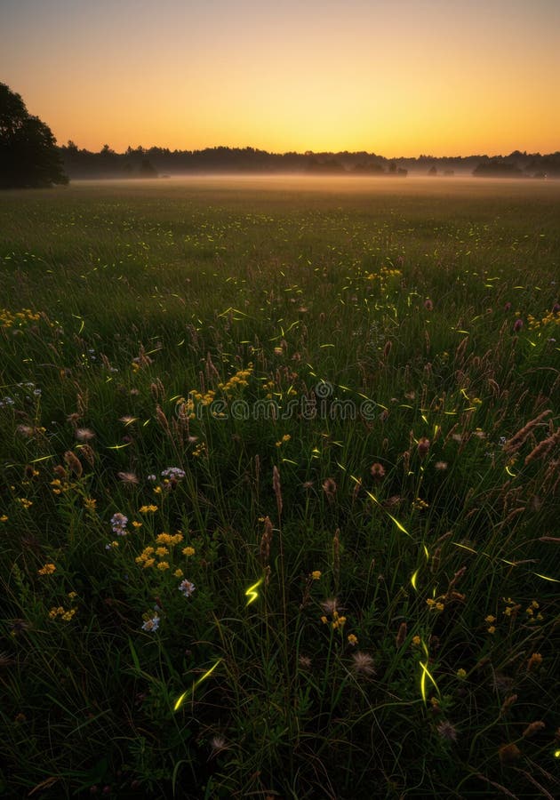 Fireflies Glowing in a Field at Sunset Stock Illustration ...
