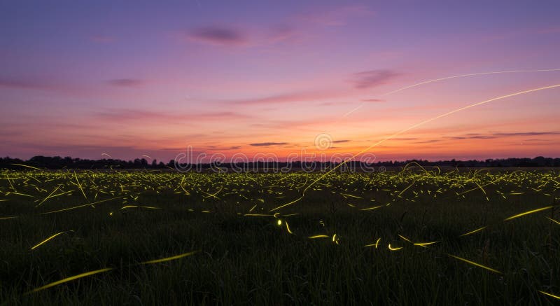 Fireflies Glowing in Field at Sunset Stock Illustration - Illustration ...