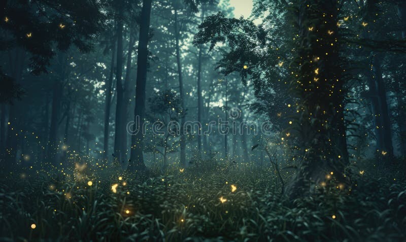 Fireflies Glowing in the Forest, Enchanting Nature Background Stock ...