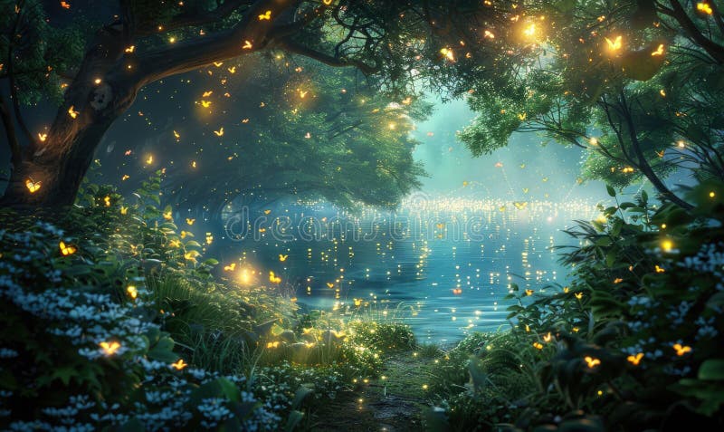 Fireflies Glowing in the Forest, Enchanting Nature Background Stock ...