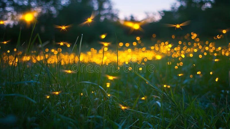 Fireflies Glowing Over Grass at Dusk. Stock Photo - Image of bloom ...