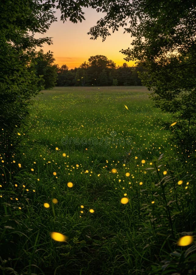 Fireflies Glowing in a Summer Field at Sunset Stock Photo - Image of ...