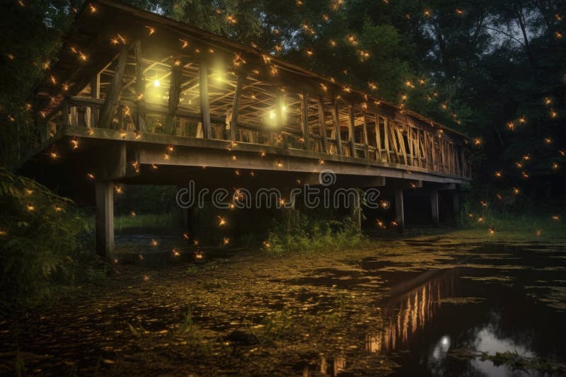 Fireflies Hovering Around an Old Wooden Bridge Stock Image - Image of ...