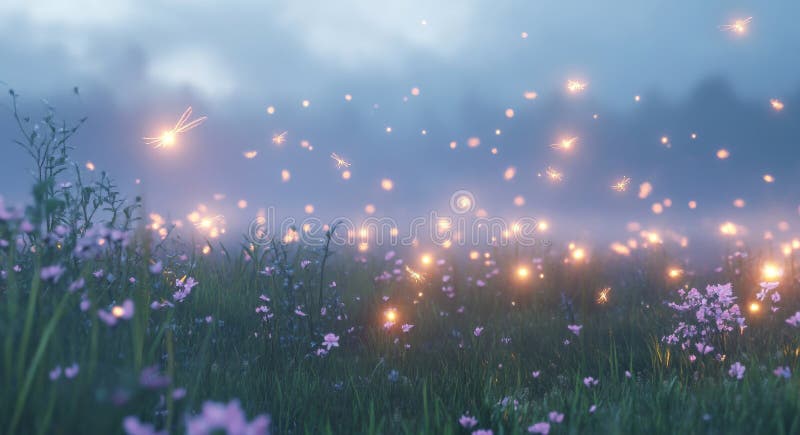 Fireflies Illuminate the Meadow at Dusk, Creating a Magical Nighttime ...