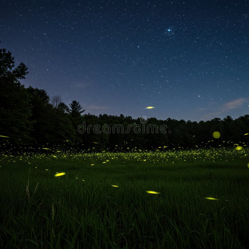 Fireflies Illuminate Night Field Under Starry Sky Stock Illustration ...