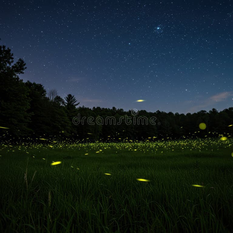 Fireflies Illuminate Night Field Under Starry Sky Stock Illustration ...