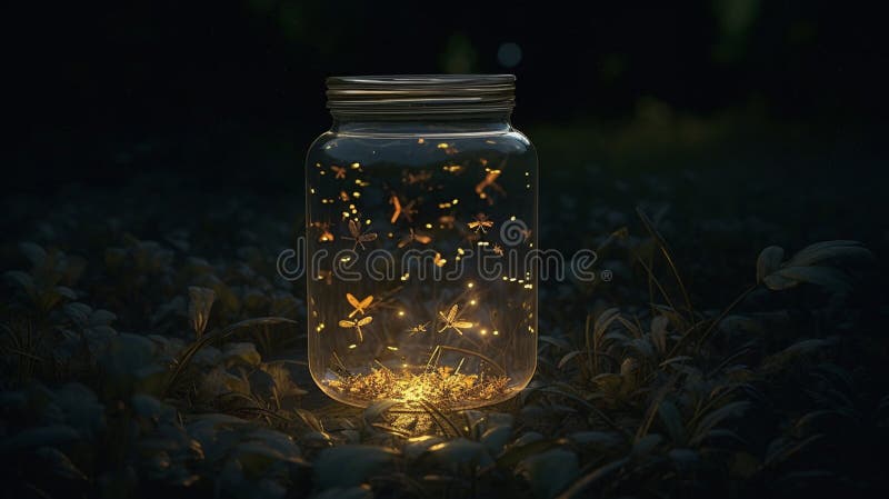 Fireflies in a Jar. Long Exposure of Fireflies in a Backyard Stock ...