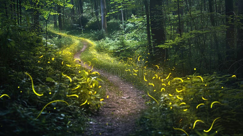 Fireflies Light Up a Forest Path Stock Illustration - Illustration of ...