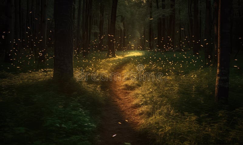 Fireflies Light Up the Way Along the Forest Path Creating Using ...