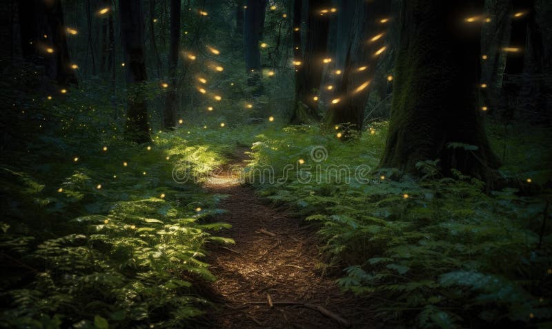Fireflies Light Up the Way Along Forest Path Creating Using Generative ...