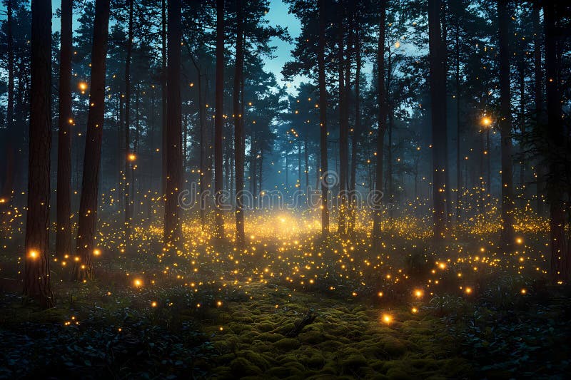 Fireflies Lighting Up a Magical Forest at Night Stock Photo - Image of ...