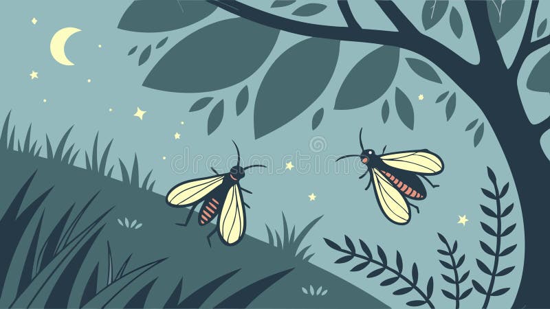 Fireflies at Night, Glowing Insects and Magical Summer Night. Vector ...