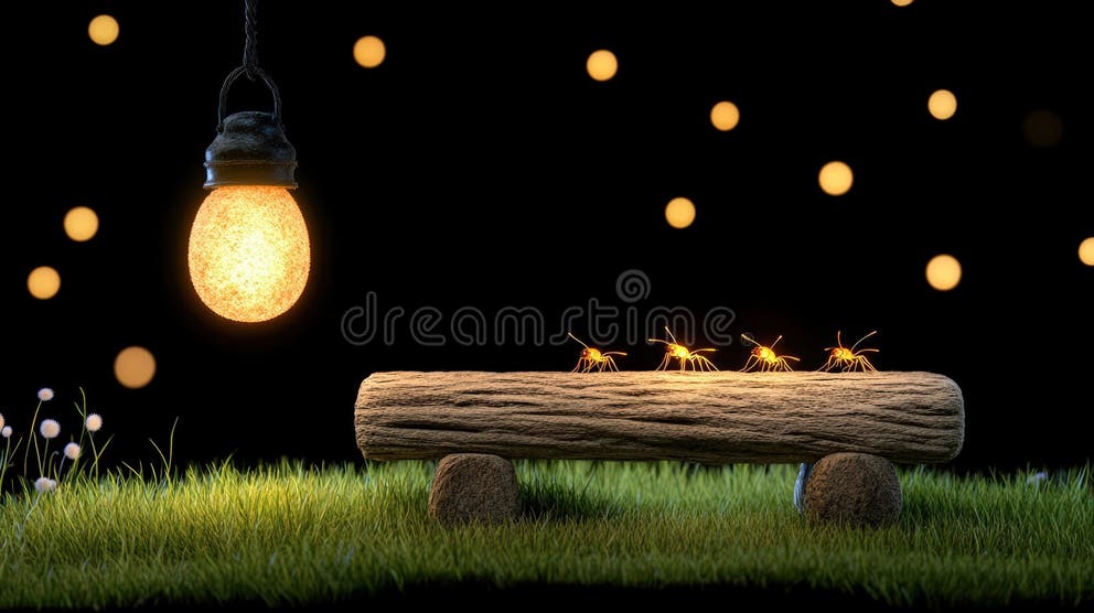 Fireflies Resting on a Log Under a Glowing Bulb in a Magical Night ...