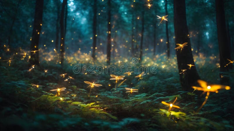 Fireflies Shining in the Forest. Enchanted Forest Illuminated by ...