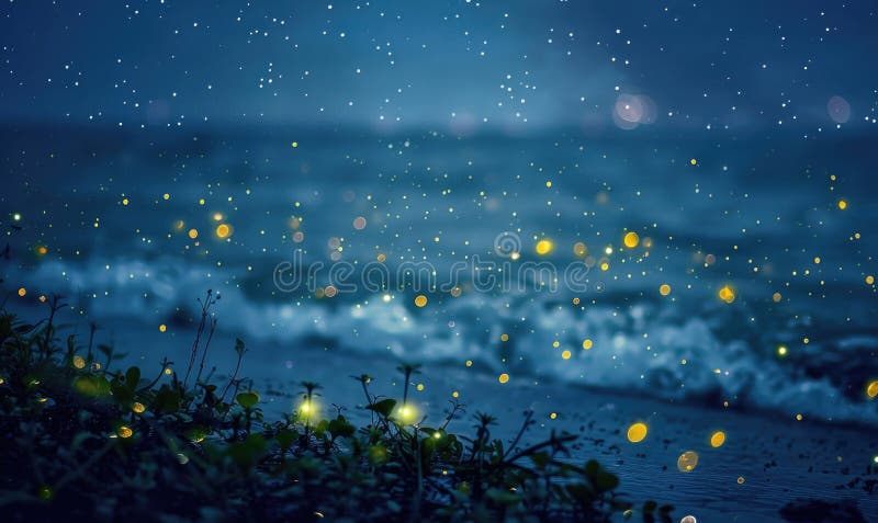 Fireflies Sparkling in the Night Sky while Sea Fireflies Illuminate the ...