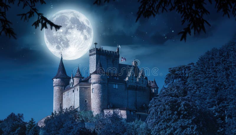 Firefly Castle Under the Glow of the Full Moon Surrounded by Ancient ...