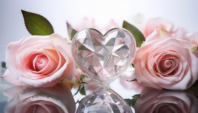Firefly Crystal Heart Surrounded by Pink Roses on a Mirrored Background ...