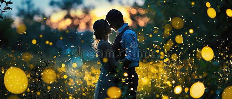 Firefly Dance Couple Surrounded by Twinkling Fireflies in the Night ...