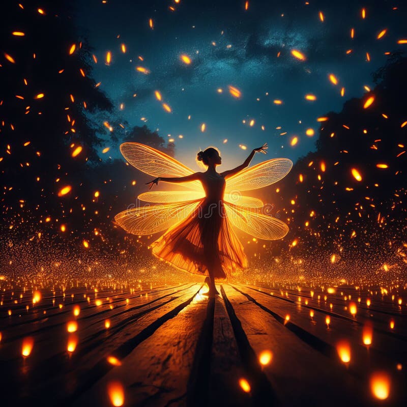 Firefly Dance a Dancer Surrounded by Glowing Fireflies in a Nigh Stock ...