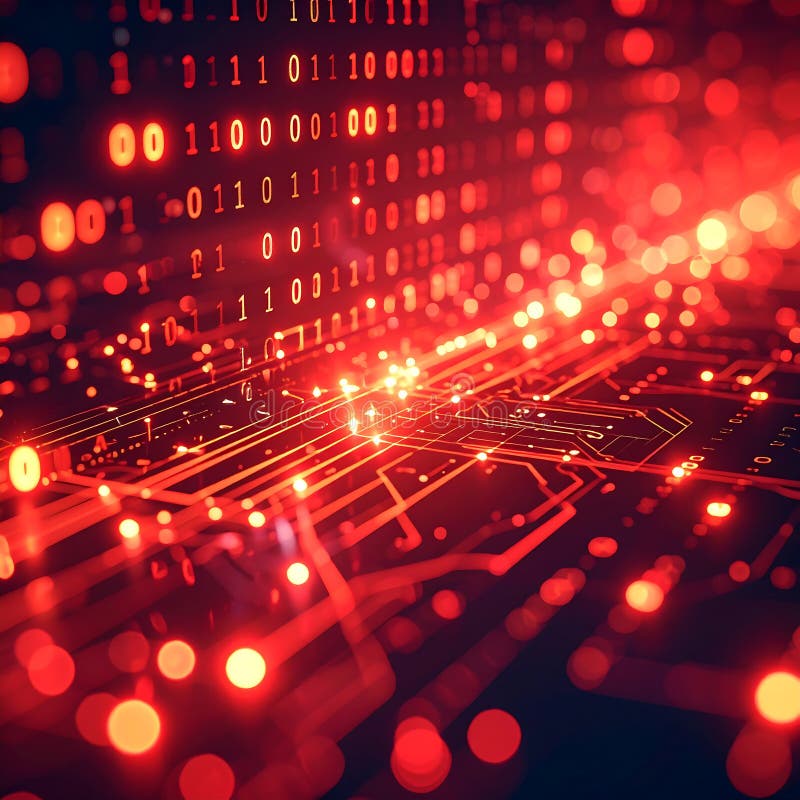 Deep Red Glowing Circuit Board with Cascading Binary Code Stock ...