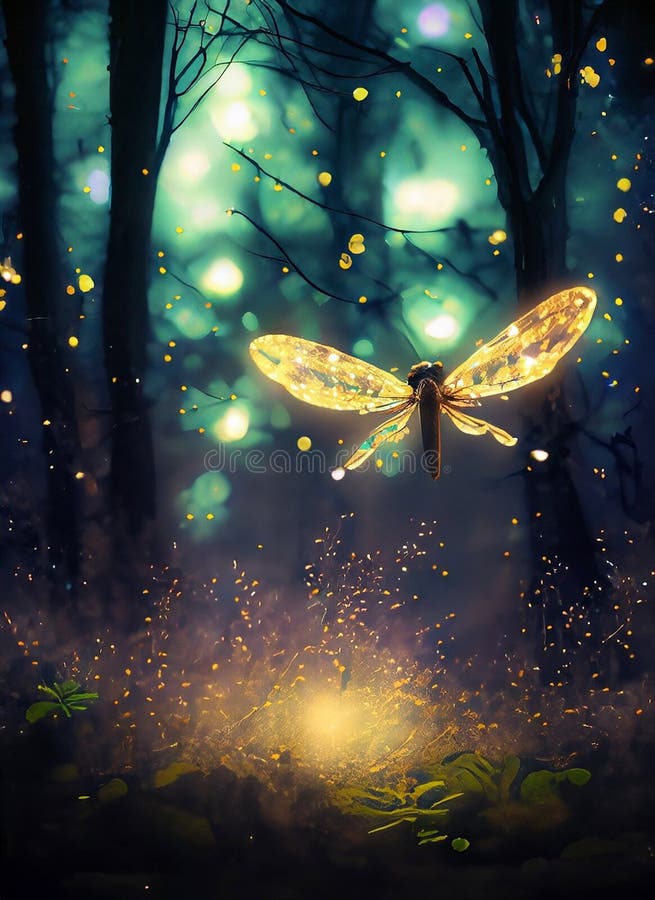 Firefly in fantasy forest stock illustration. Illustration of butterfly ...