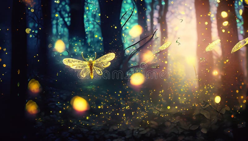 Firefly in fantasy forest stock illustration. Illustration of summer ...