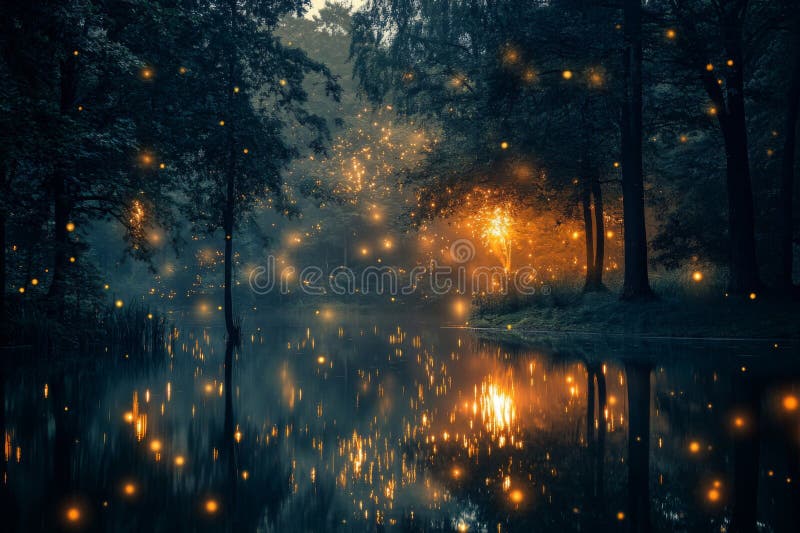 Firefly-filled Forest Night Reflecting in a Still Lake Stock ...