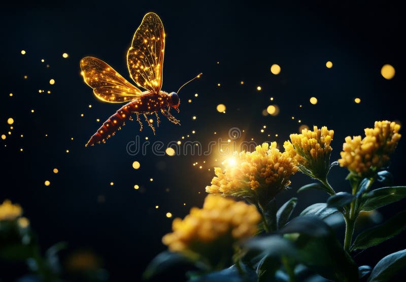 A Firefly is Flying Above a Yellow Flower that Has a Glowing Light in ...