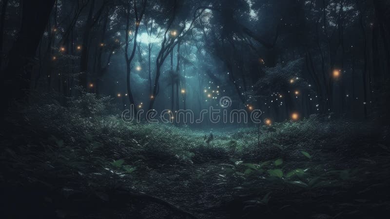 Firefly Flying in the Forest. Fireflies in the Bush at Night. Ai ...